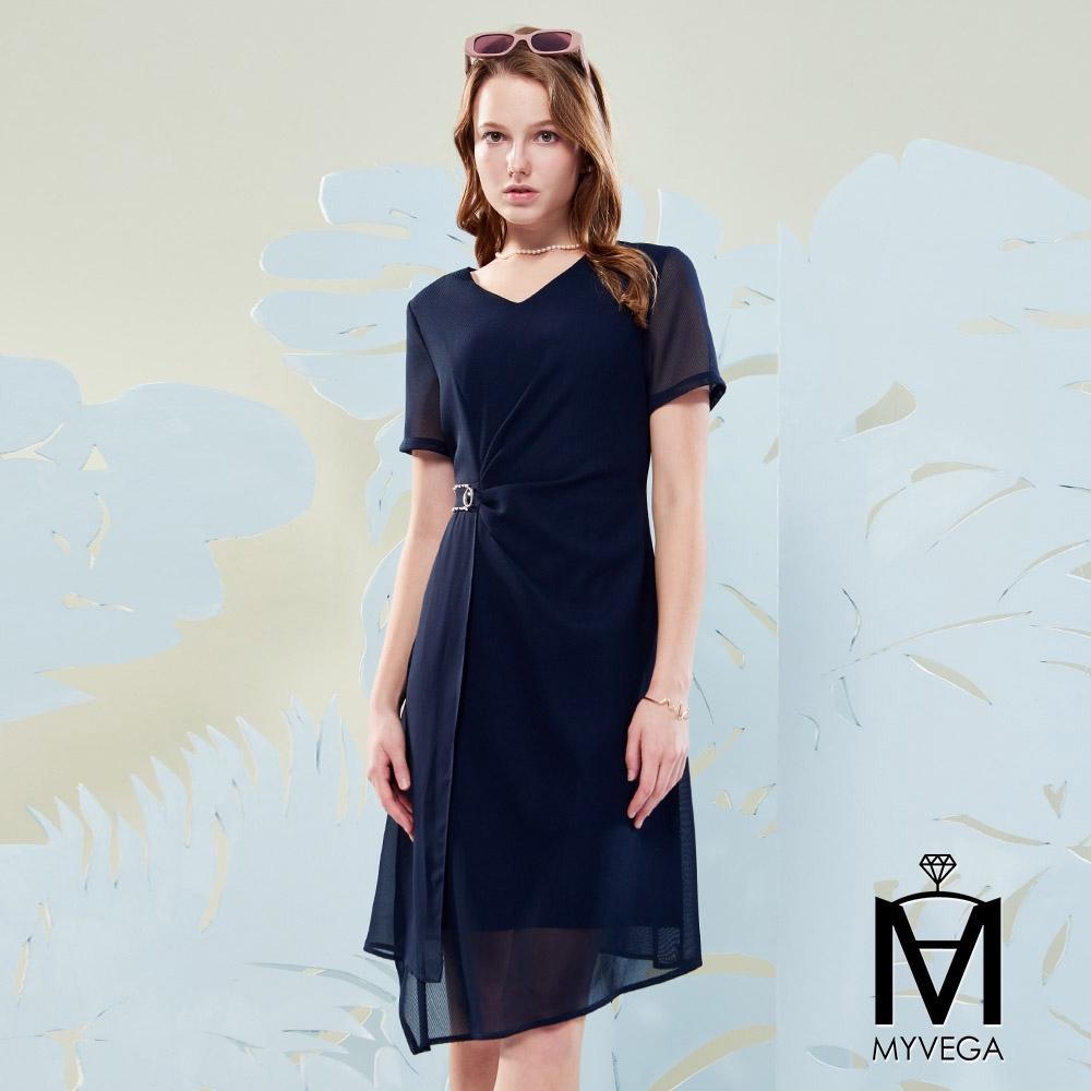 MYVEGA麥雪爾 MA簡約側抓皺鑽飾短洋裝-寶藍 | 雪紡洋裝 | Yahoo購物中心