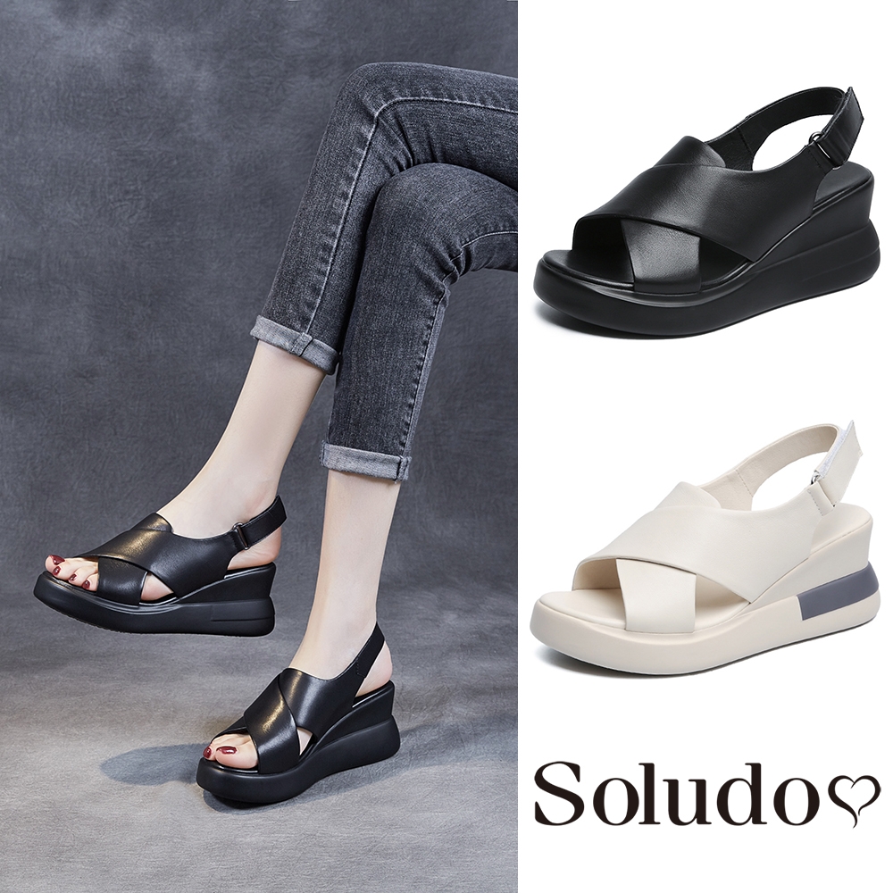 Soludos-正韓來台-百搭厚底魚口交叉造型涼鞋-魔鬼沾-增高約7公分-黑/米白 | Yahoo購物中心