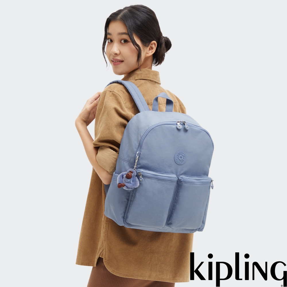Kipling 灰藍色多拉鍊收納後背包-CHARNELL | 後背包 | Yahoo購物中心