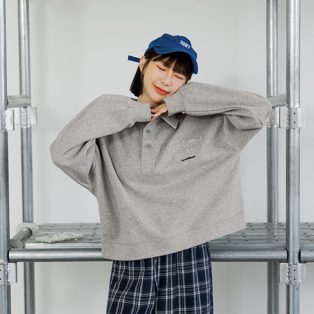 OB大尺碼-美式休閒翻領半門襟寬版大學T | 長袖 | Yahoo購物中心