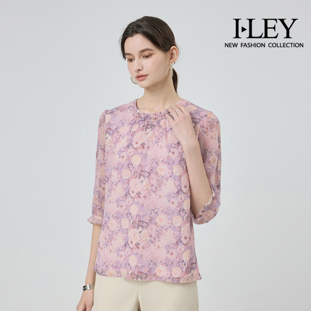 ILEY伊蕾 荷葉圓領玫瑰印花雪紡上衣(淺紫；M-2L) | 長袖 | Yahoo購物中心