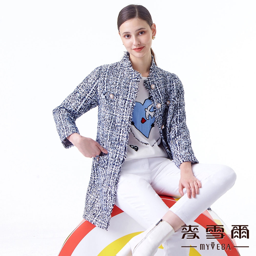 MYVEGA麥雪爾 小香風亮片雙口袋長版外套-藍 | 針織外套 | Yahoo購物中心