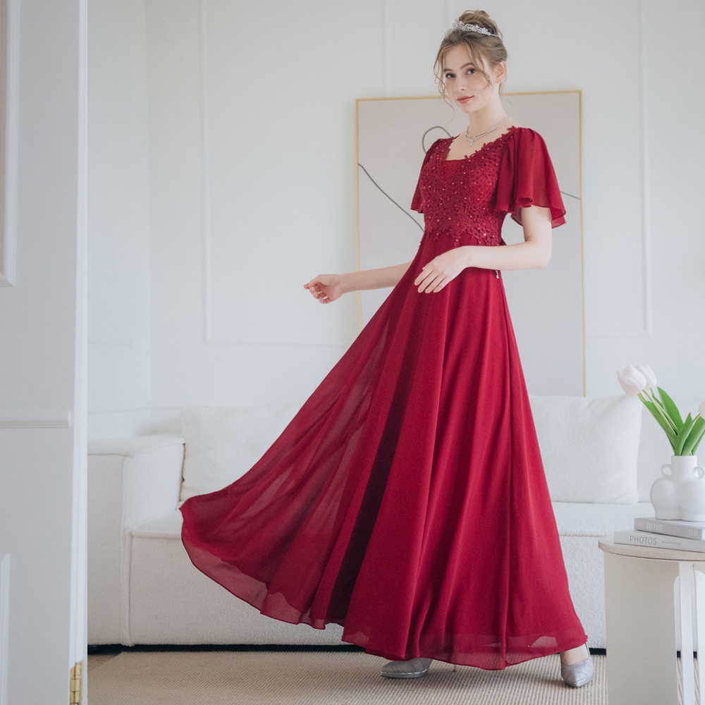 OMUSES V領雪紡刺繡婚紗紅色長禮服 | 短袖洋裝 | Yahoo購物中心