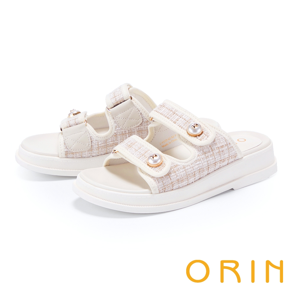 ORIN 雙寬帶毛呢布平底拖鞋 米色 | 厚底 | Yahoo購物中心