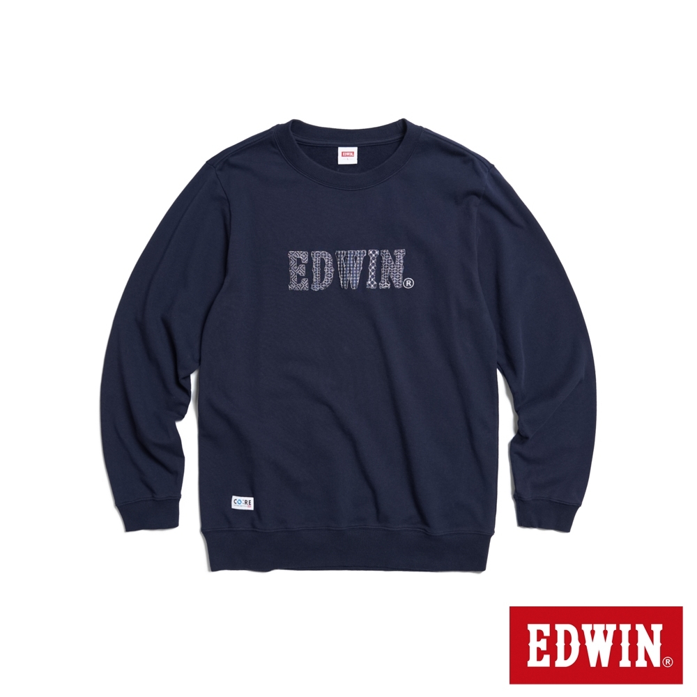 EDWIN 男裝 再生系列 CORE 刺仔繡拼布LOGO厚長袖T恤-丈青色 | 帽T/大學T | Yahoo購物中心