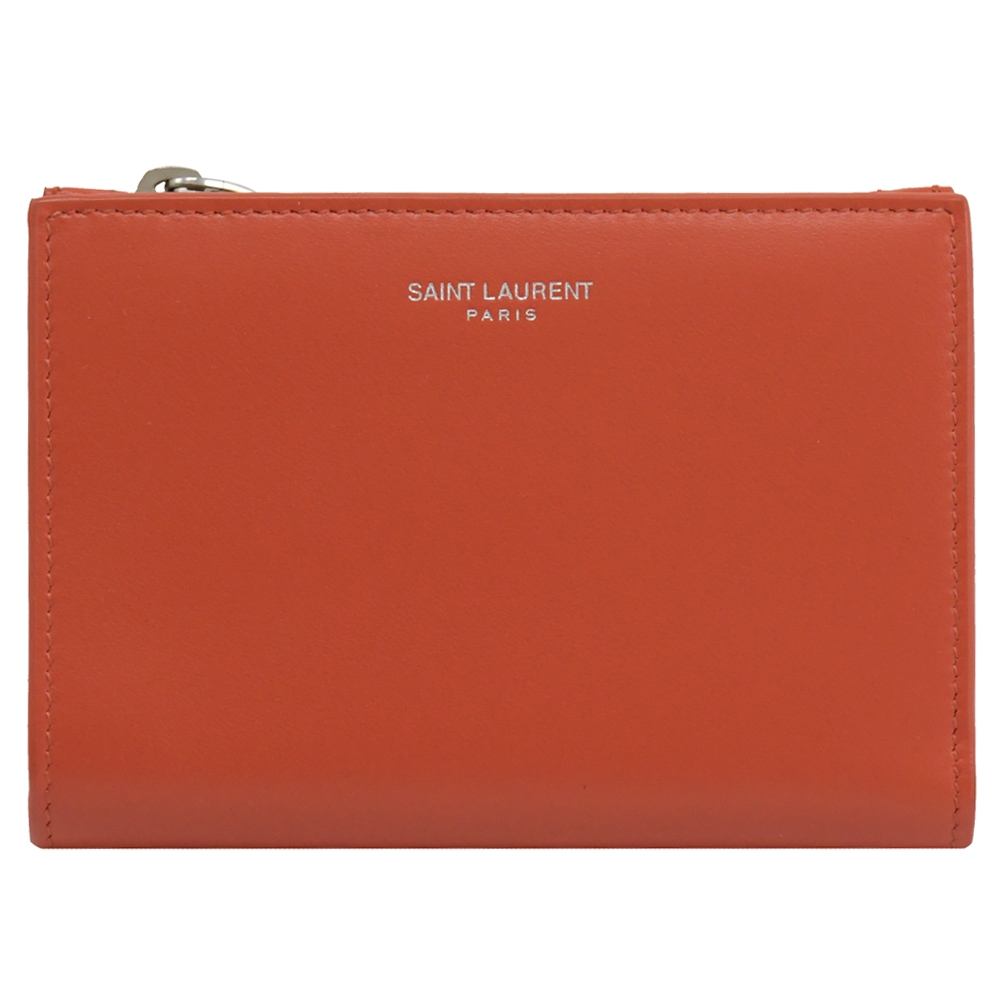 YSL Saint Laurent 燙銀LOGO質感素色牛皮釦式零錢中夾(橘紅) | 歐系精品包/配件 | Yahoo購物中心