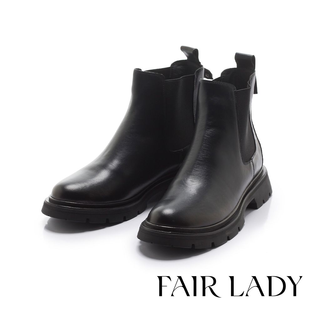 FAIR LADY 軟實力 皮革拼接厚底切爾西短靴 黑 (7B3100) | 中筒靴 | Yahoo購物中心