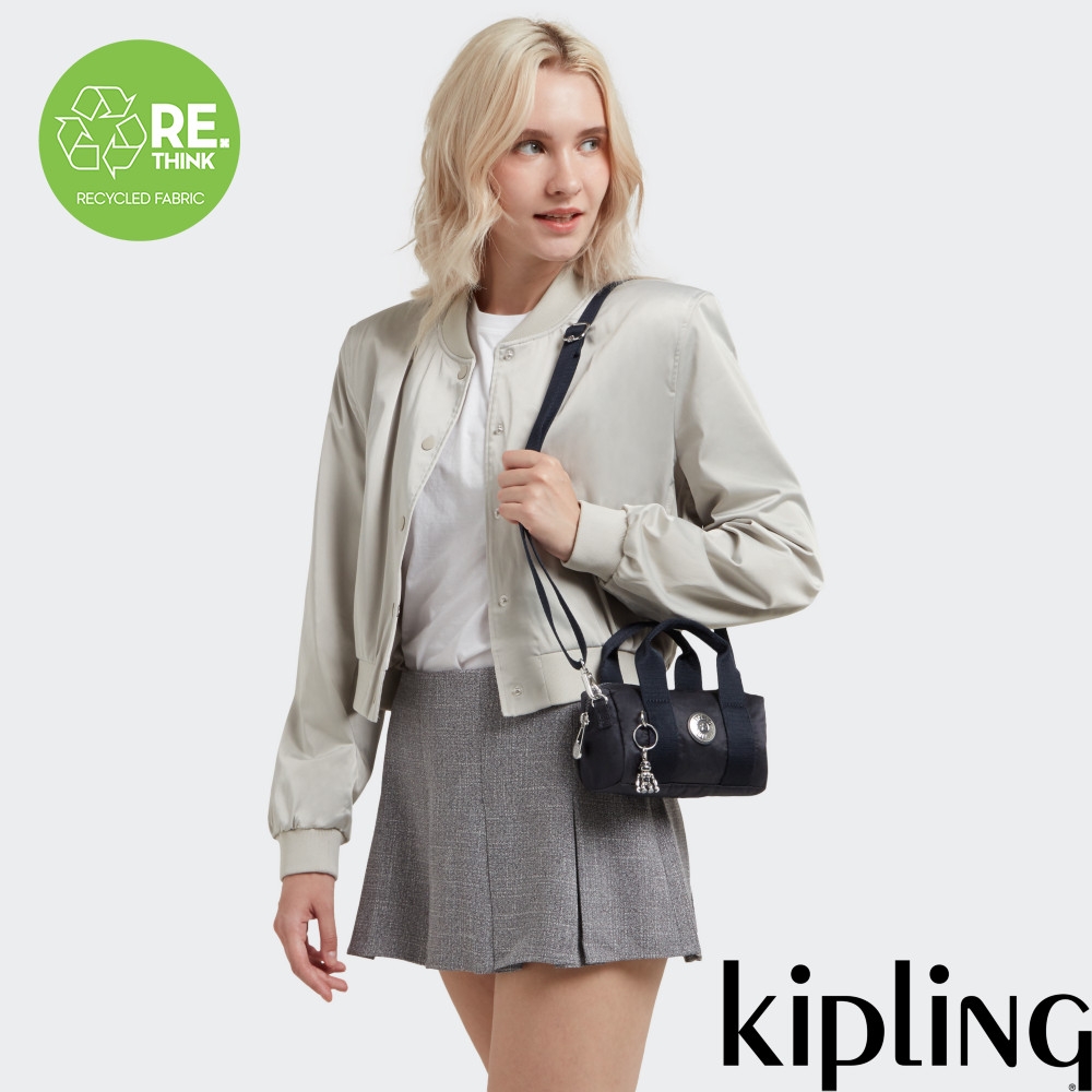 Kipling 褶皺色丁黑輕巧圓筒手提肩背兩用包-BINA MINI | 斜/肩背包 | Yahoo購物中心