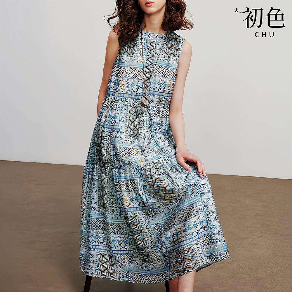 初色 波西米亞風印花圓領無袖中長連衣裙連身洋裝-藍色-12721(M-2XL可選) | 無袖洋裝 | Yahoo購物中心